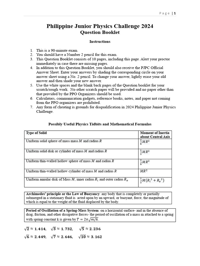 Philippine Junior Physics Challenge 2024 Question Booklet Released and ...