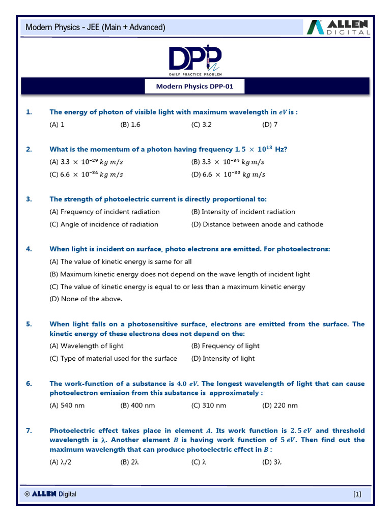 2. DPP 1-9 Modern Phy Lead JA Live | PDF | Atomic Nucleus | Photoelectric Effect