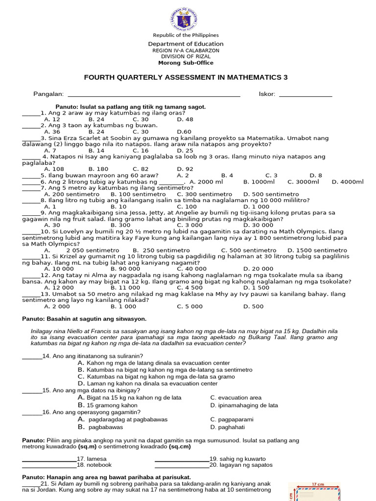 Mathematics 4th Quarter Exam | PDF
