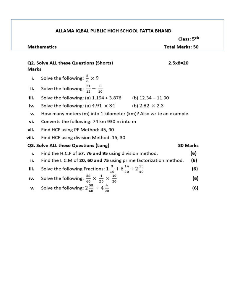 Class 5TH Math | PDF
