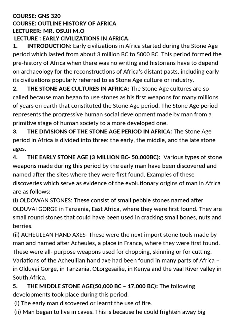 Lecture 3 GNS 320 Early Civilization in Africa. | PDF | Stone Age ...
