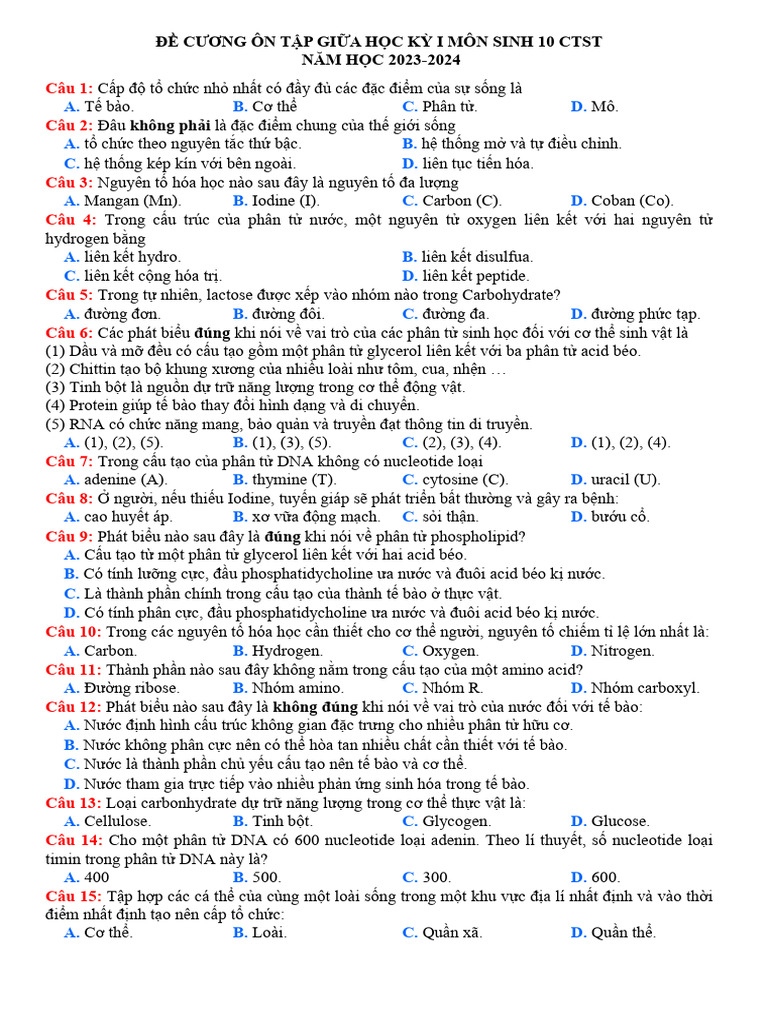 De Cuong On Tap Giua Ki 1 Sinh Hoc 10 Chan Troi Sang Tao Co Dap An | PDF
