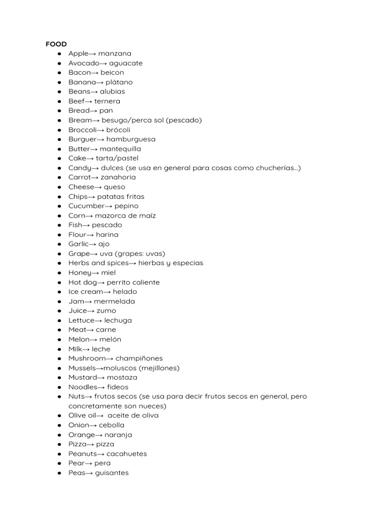 Vocabulario Food | PDF