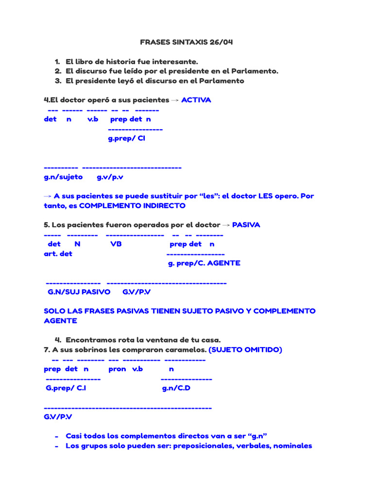Sintaxis: Frases Activas y Pasivas | PDF | Asunto (gramática) | Sintaxis