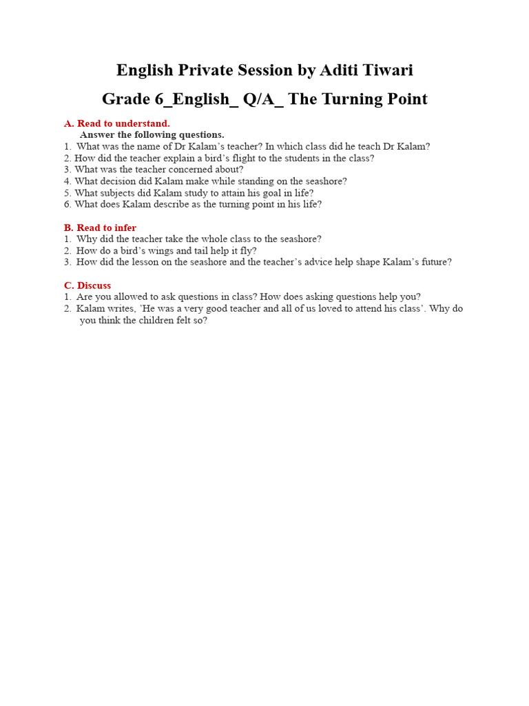 Grade6 English The Turning Point Q:A | PDF
