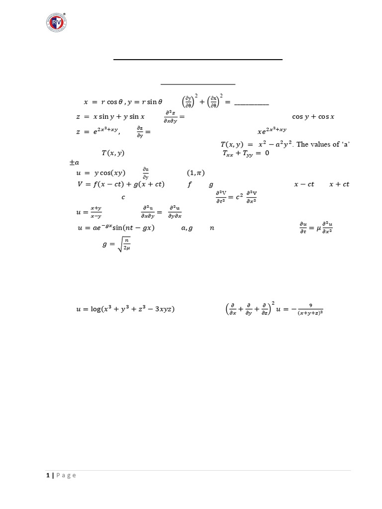 22MA11C-Tutorial Sheets-Multivariable Functions and Partial Differentiation | PDF | Derivative ...