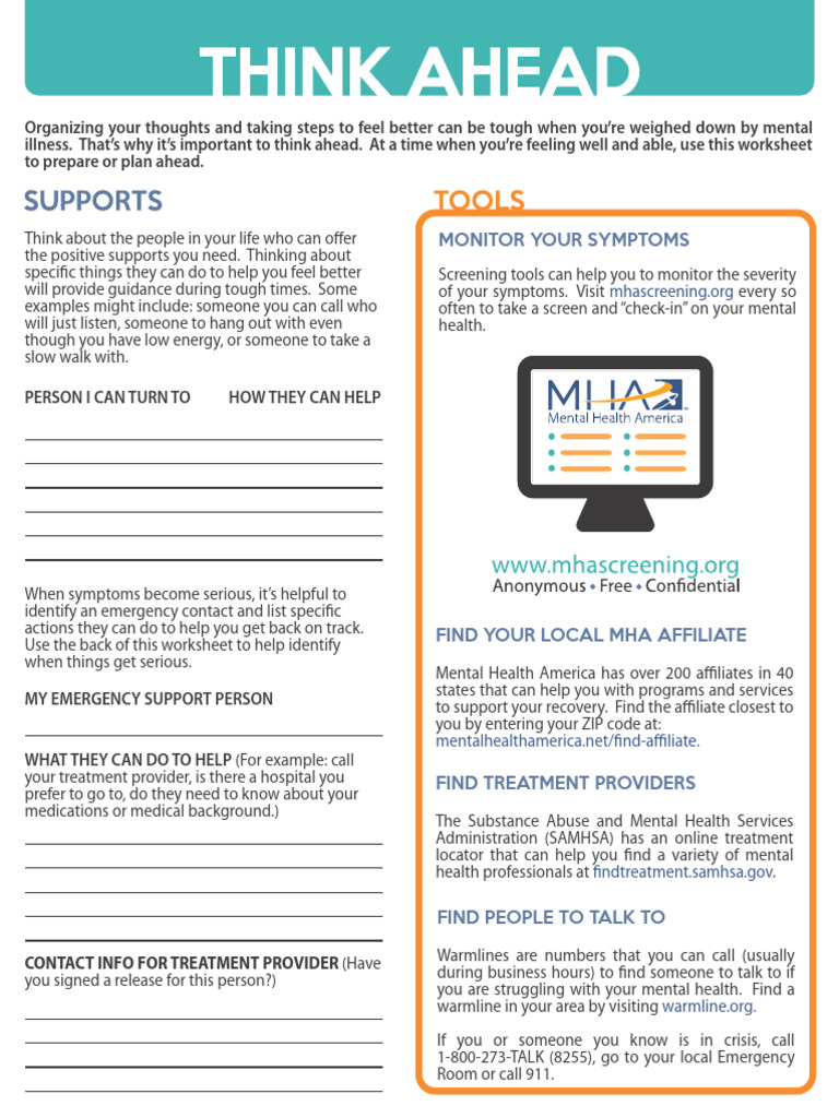 Worksheet - Think Ahead - 250119 - 153030 | PDF | Mental Health ...