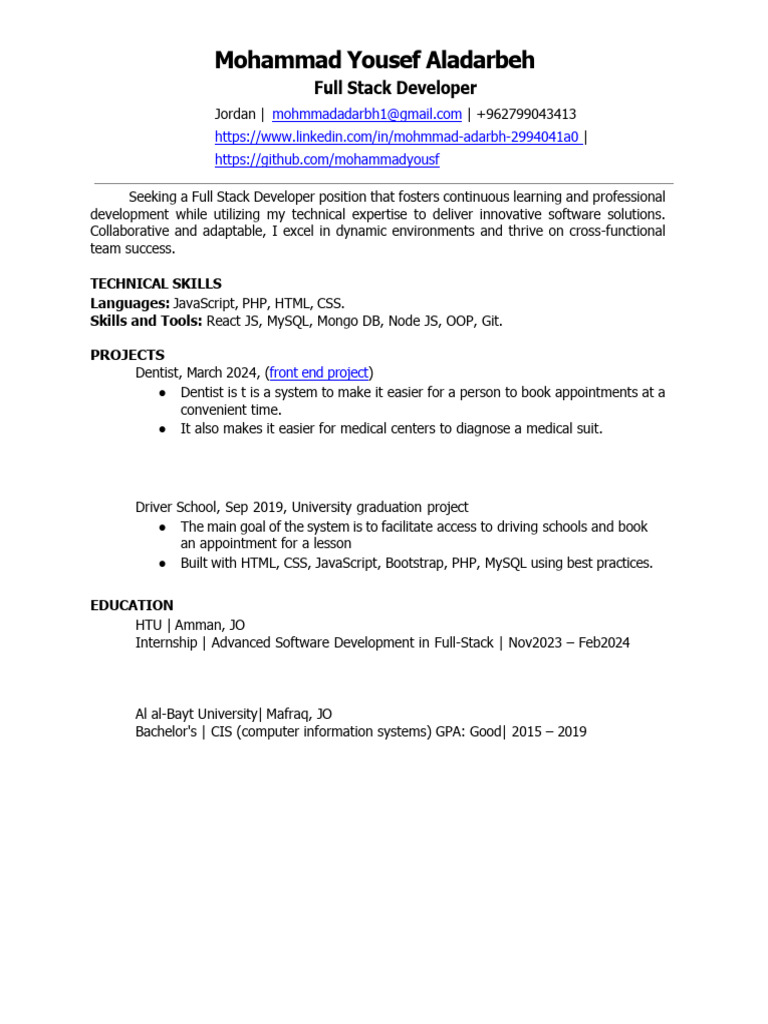 Full Stack Developer Resume - Mohammad Aladarbeh | PDF