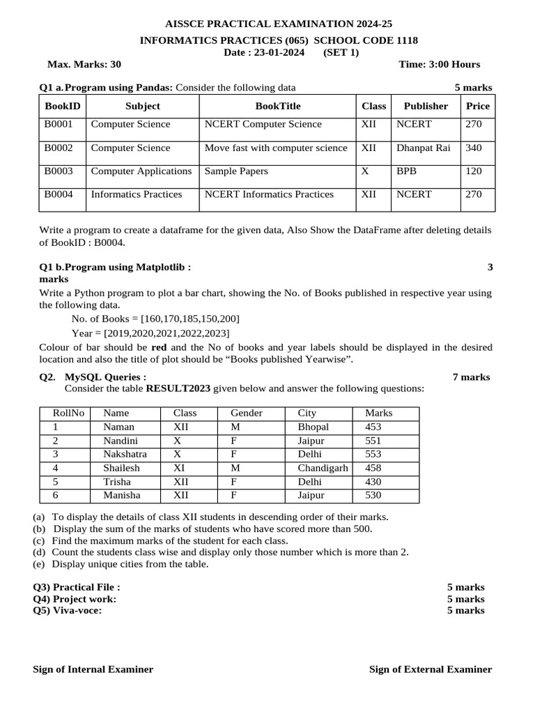 AISSCE 2024-25 Informatics Practices Exam | PDF | Computing