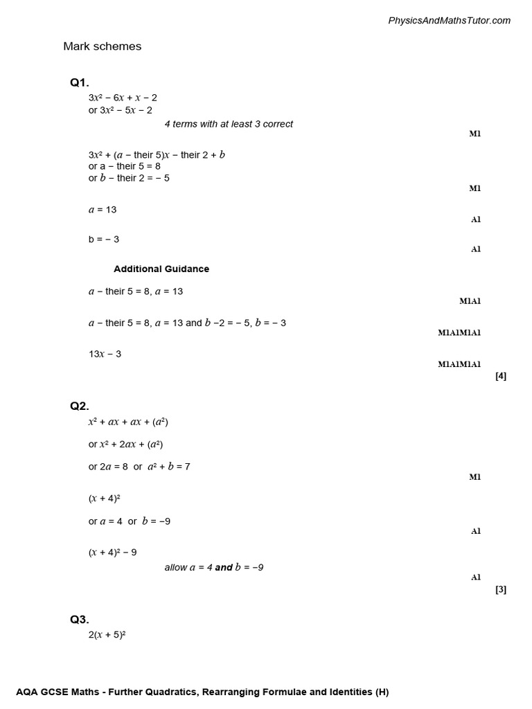 Further Quadratics, Rearranging Formulae and Identities (H) MS | PDF ...