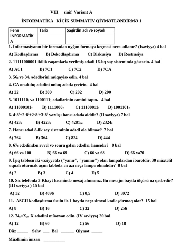 8-ci sinif KSQ 1 Variant A | PDF