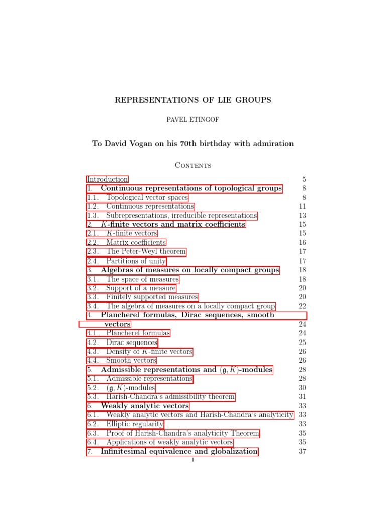 REPRESENTATIONS OF LIEGROUPS, Pavel Etingof | PDF | Representation Theory | Lie Groups