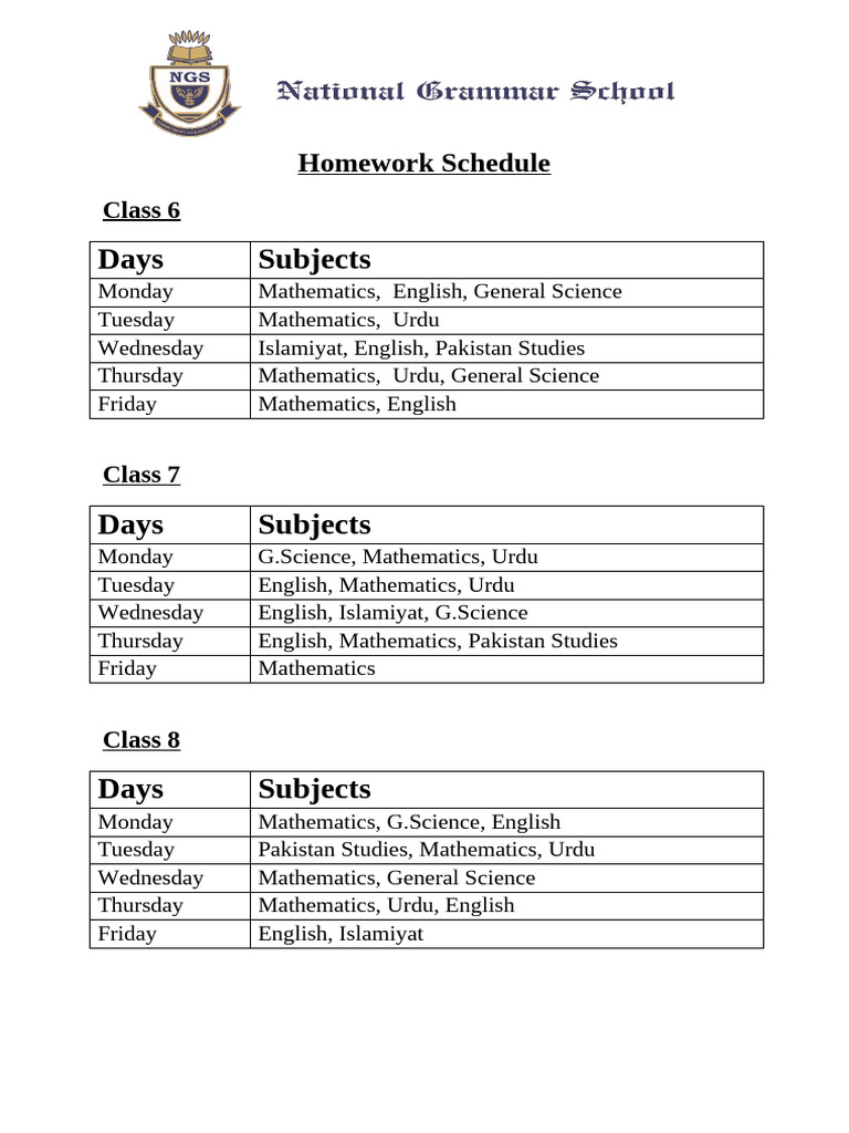 Homework Schedule | PDF
