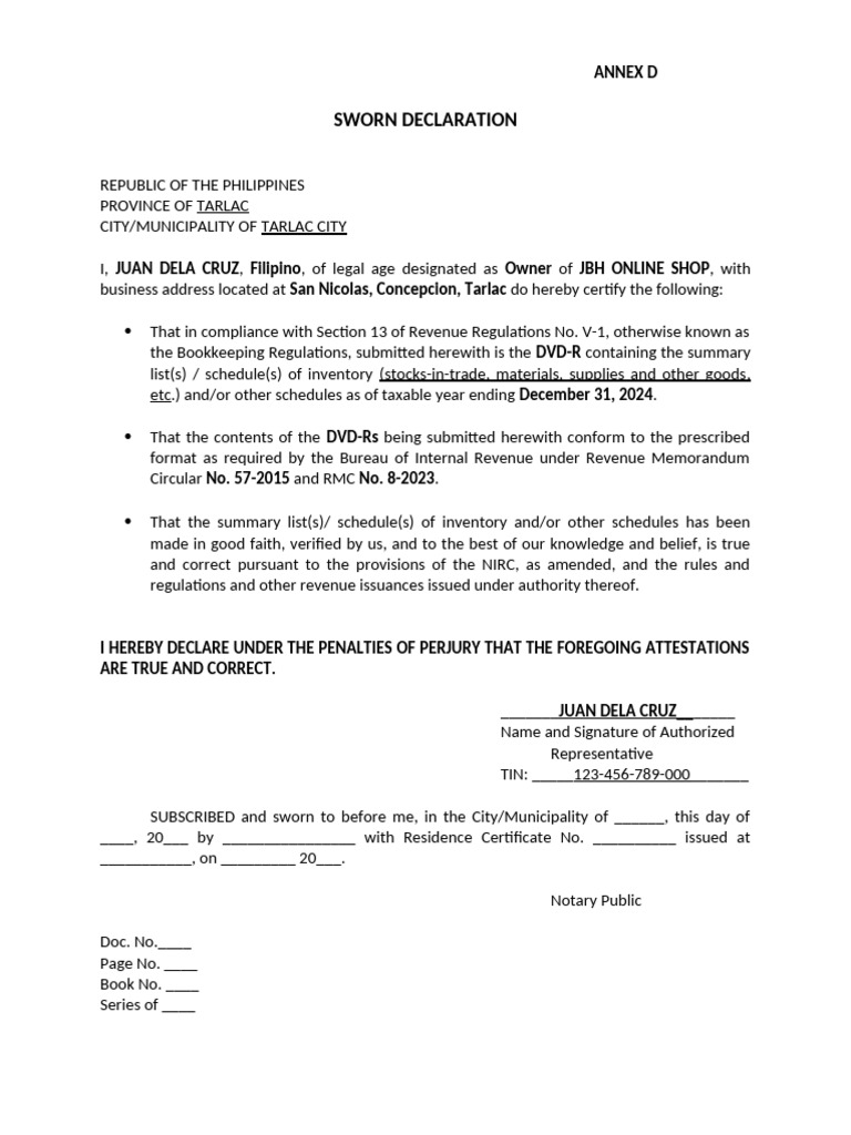 Inventory List - Annex D | PDF