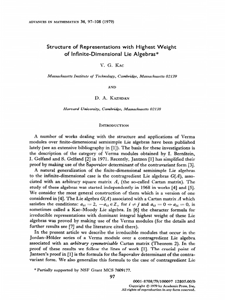 Structure of Representations with Highest Weight of Infinite dimensional Lie algebra | PDF | Lie ...