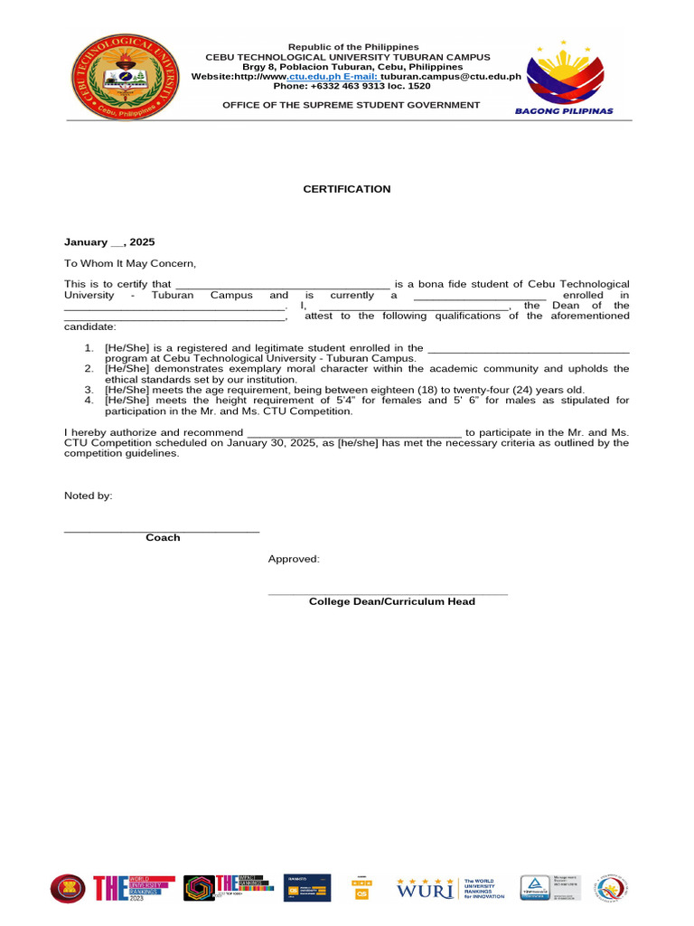Certification For Mr. & Ms. CTU TUBURAN 2025 | PDF