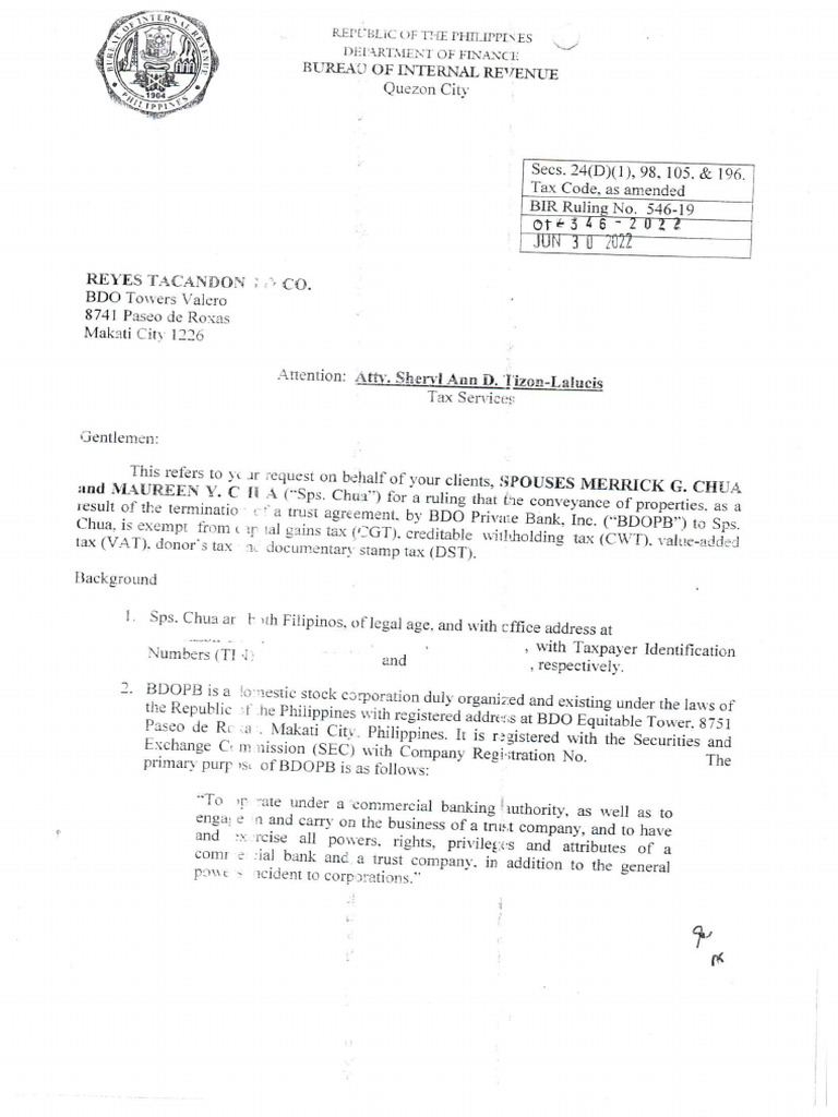BIR Ruling No. 445-16 Transfer To Trustor CGT | PDF