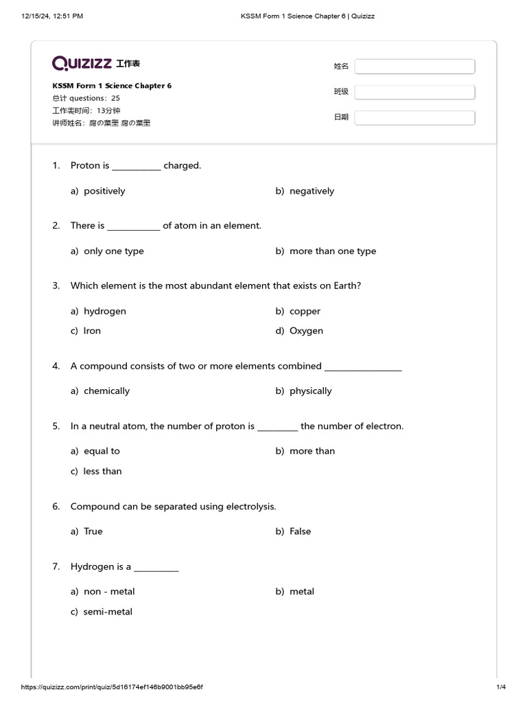 KSSM Form 1 Science Chapter 6 - Quizizz | PDF | Chemical Compounds ...
