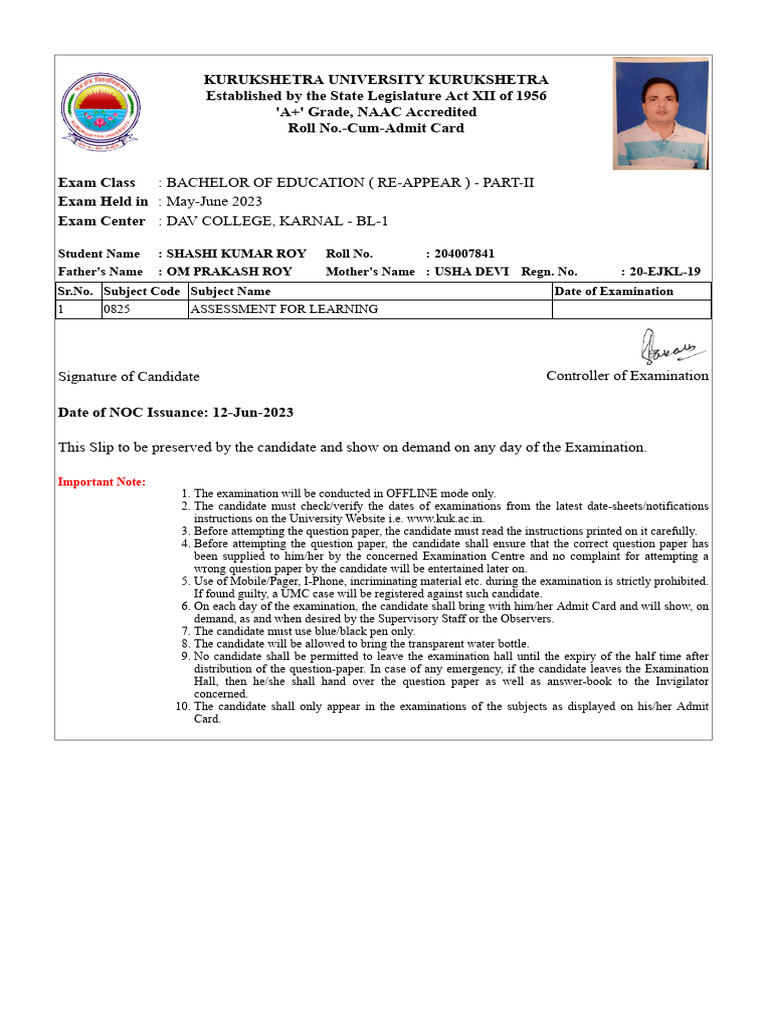 2nd Yr Reappear Admit Card 2023 June 2020-22 Batch | PDF