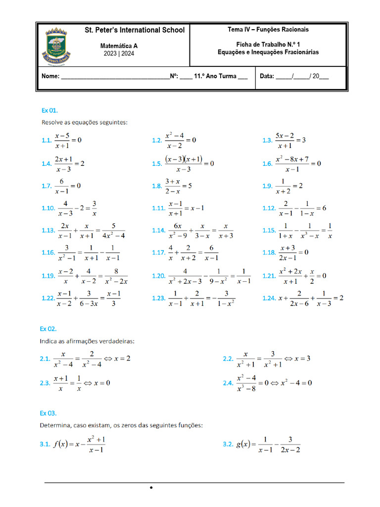Ficha 1_ Equações e inequações com funções racionais-parte 1 | PDF