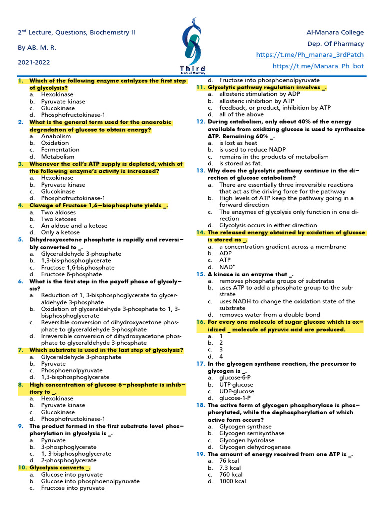 2nd Lecture, Questions, Biochemistry II | PDF | Glycolysis | Adenosine ...