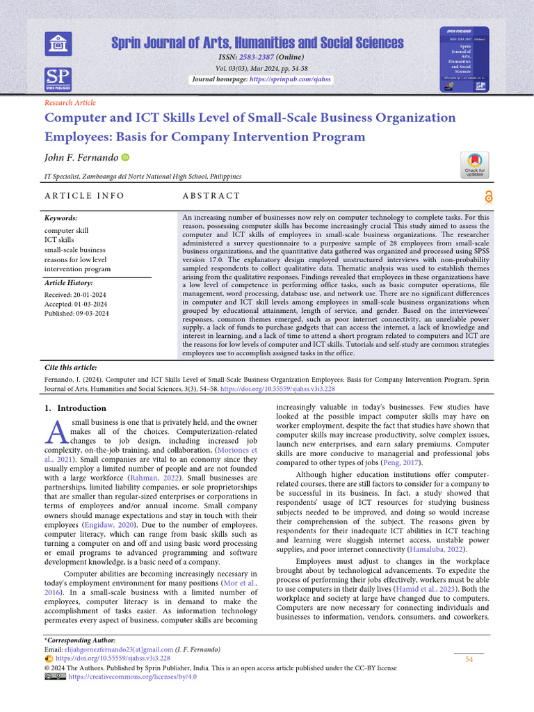 Computer and ICT Skills Level of Small-Scale Busin | PDF | Educational ...