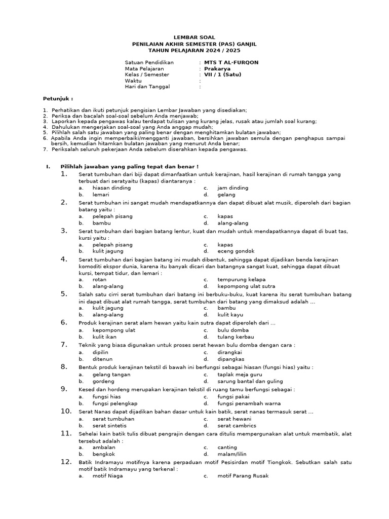 Soal PAS Prakarya Kelas 7 Semester Ganjil Tapel 2425 | PDF