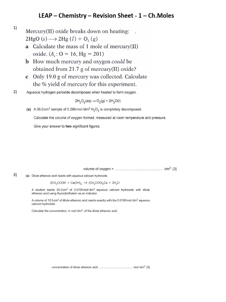 Revision Sheet - Leap, Ch. Moles - QP | PDF