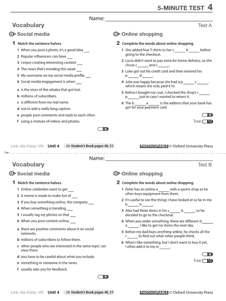 Link L8 U4 5min Test Vocab | PDF | Online Shopping | World Wide Web