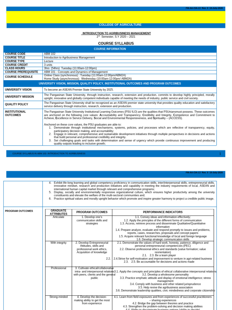 BSAgribusMgmt ABM102 Syllabus | PDF | Integrity | Communication
