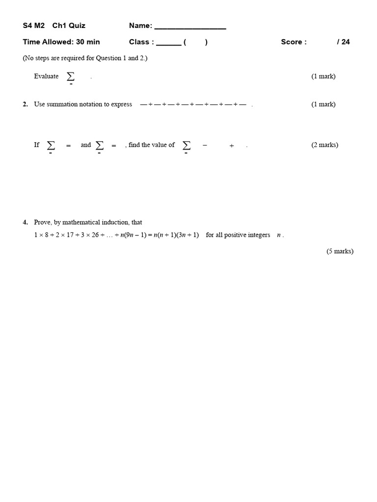 S4 M2 Ch1 Quiz on Summation & Induction | PDF | Discrete Mathematics ...