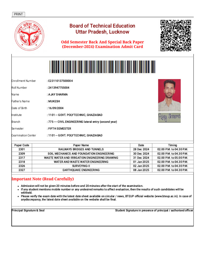 Bteup - Ac.in ESeva Student AdmitCard - Aspx EnrollNumber E23110137500004 | PDF