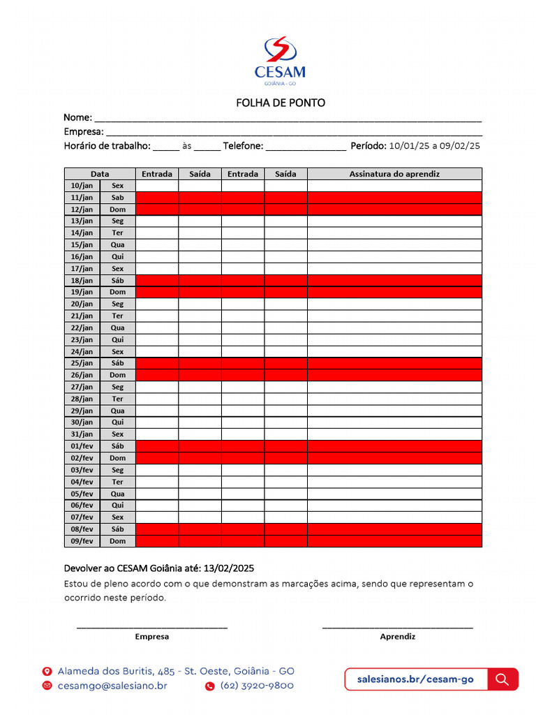 Folha de Ponto Modelo - Janeiro 2025 A Fevereiro 2025 | PDF