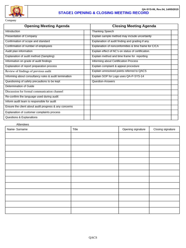 Sys-06 Opening Closing Meeting Stage 1 | PDF