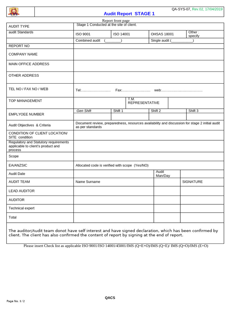 Stage 1 Audit Report Overview | PDF | Audit | Auditor's Report