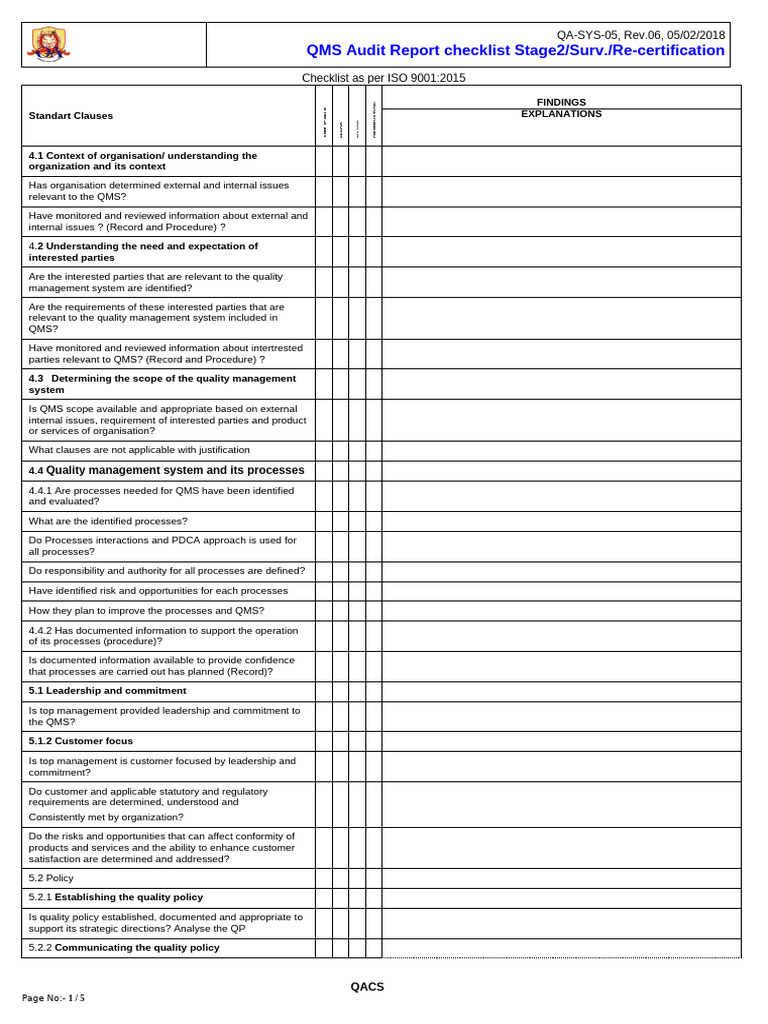SYS-05 QMS Report Stage2 Checklist 2015 | PDF | Quality Management System | Quality Management