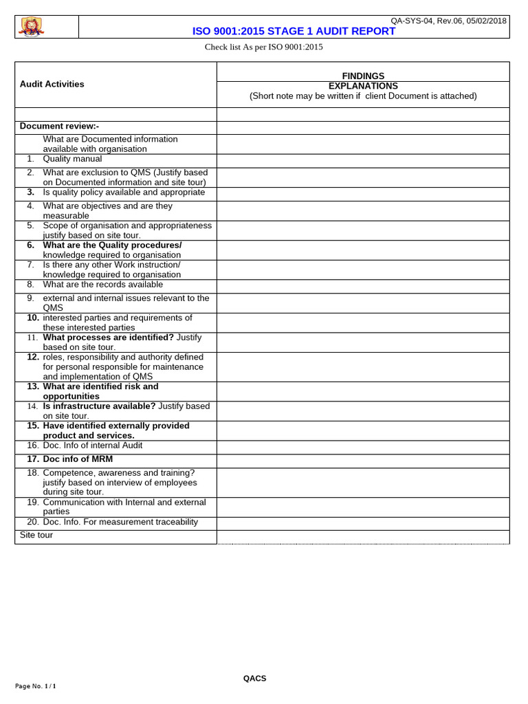 SYS-04 QMS Report Stage1 Checklist 2015 | PDF
