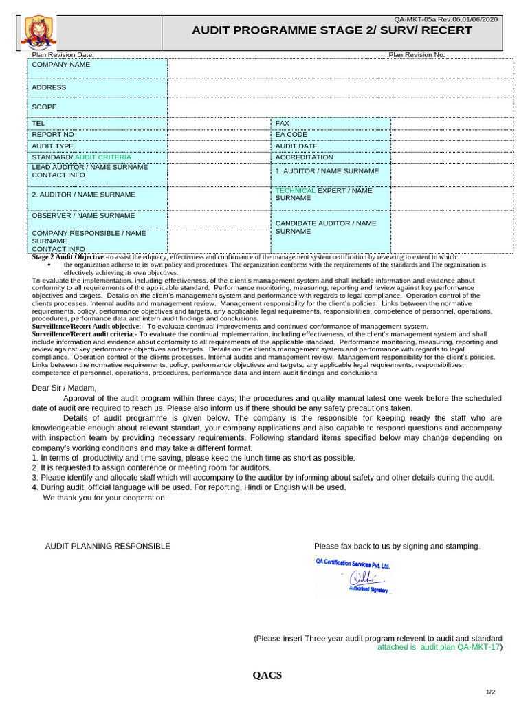 MKT-05A Audit Program Stage2. Survr.recert | PDF | Audit | Internal Audit