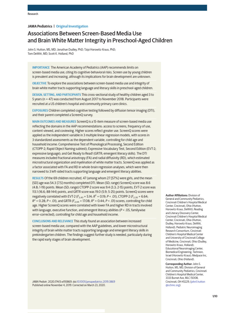 Screen Media Use and Brain Integrity in Kids | PDF | Neuroscience