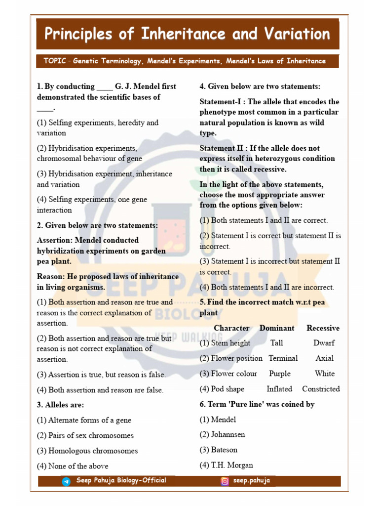 DPP 1 - Principles of Inheritance and Variations | PDF | Dominance (Genetics) | Zygosity
