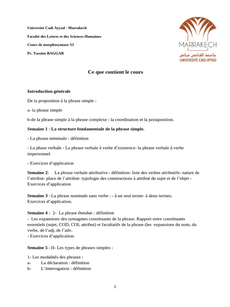 Séance 1 La Structure Fondamentale de La Phrase Simple | PDF | Phrase ...