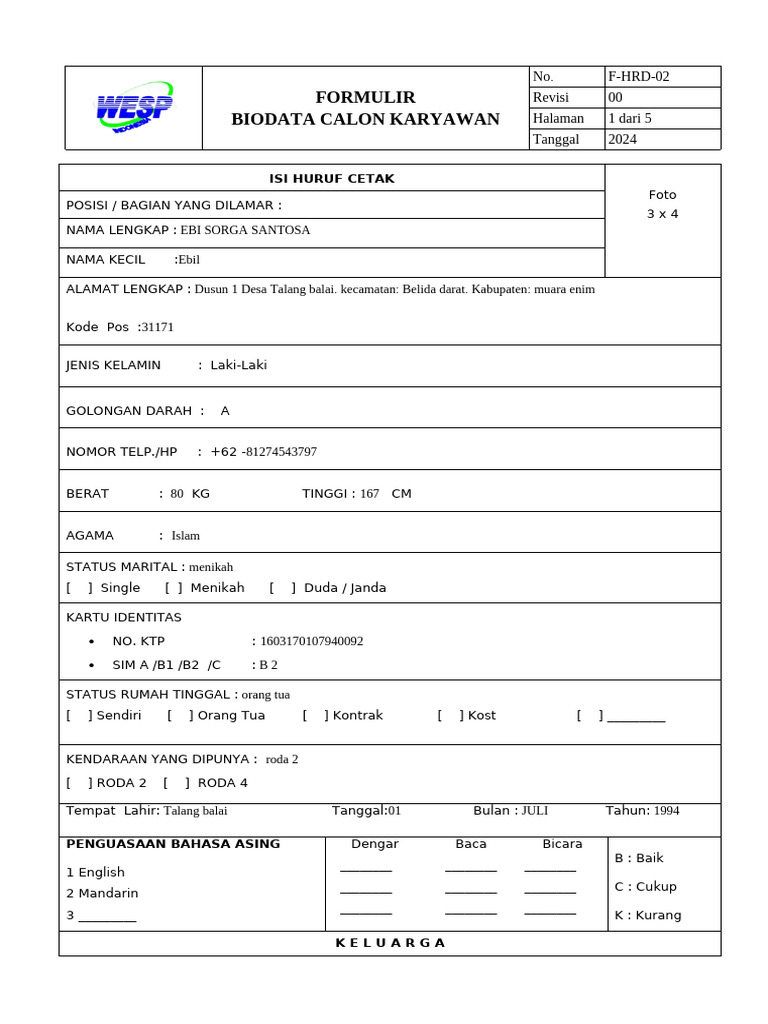 F - HRD - 02 Biodata - Calon - Karyawan | PDF