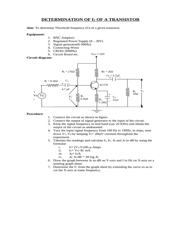 DETERMINATION OF FT OF A TRANSISTOR | PDF | Amplifier | Electrical Circuits