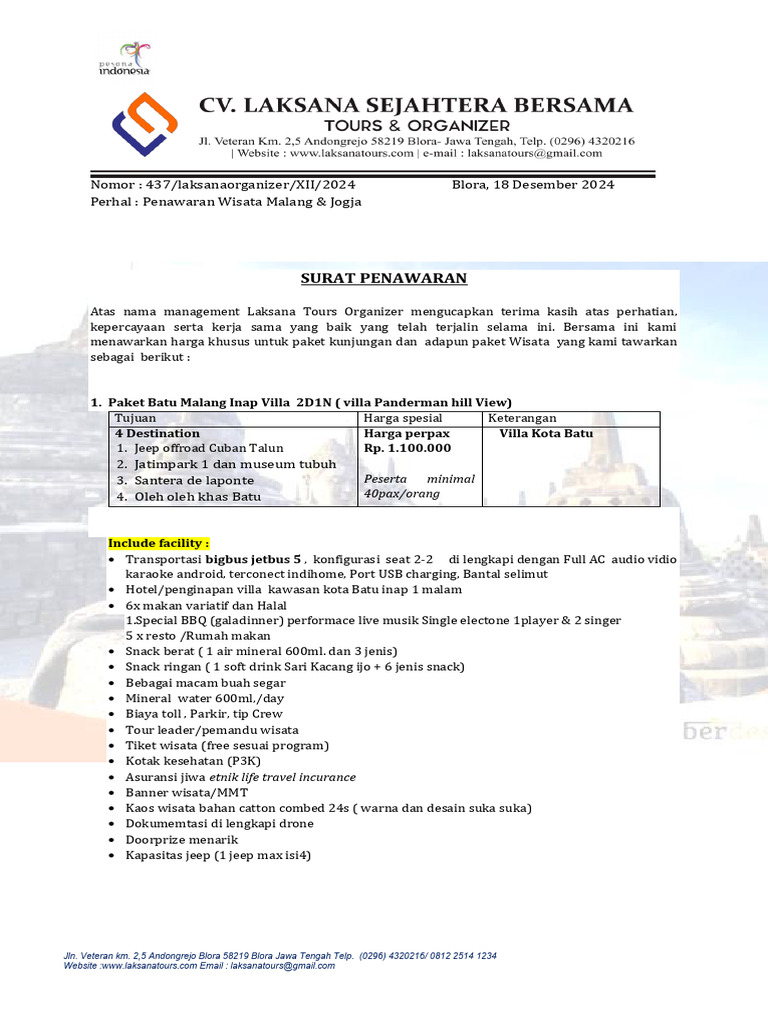 QUOTATIONT LETTER - Paket Wisata Malang & Jogja Akper Blora | PDF