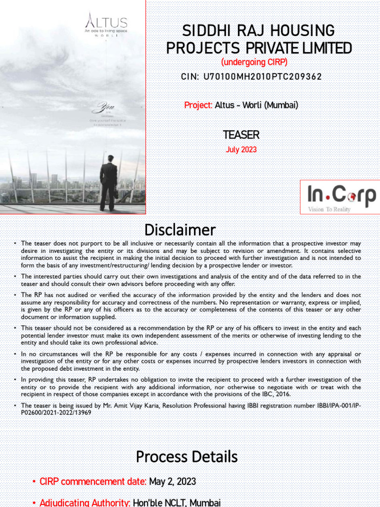 Siddhi Raj Housing CIRP Overview | PDF | Business Law | Liability ...