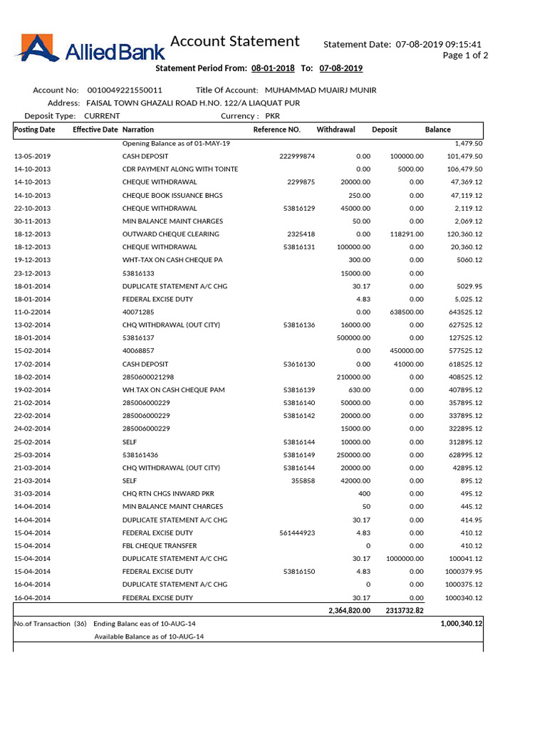 Account Statemetn Allied BAnk | PDF | Cheque | Banking