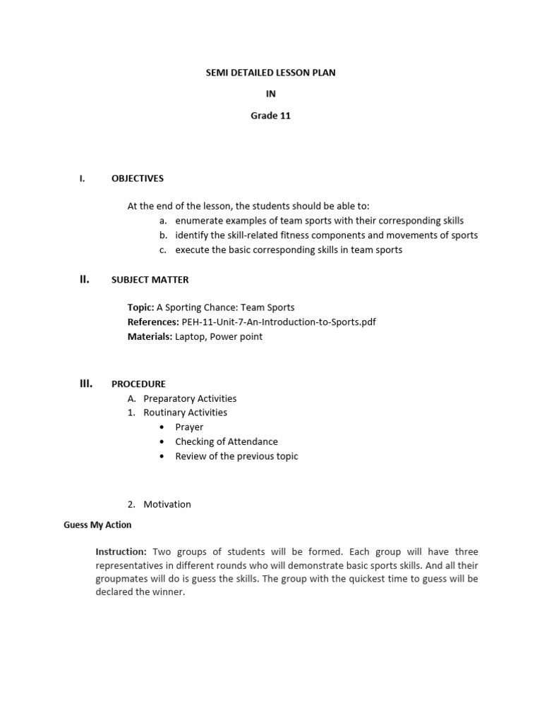 Grade 11 Team Sports Lesson Plan | PDF | Volleyball | Softball