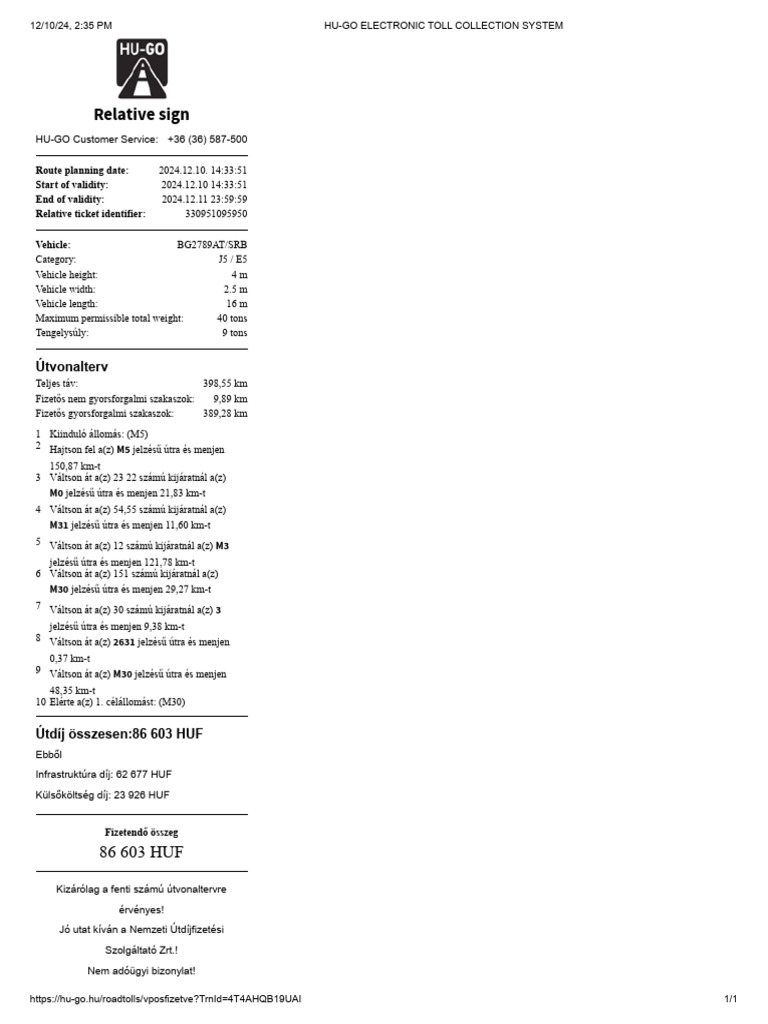 Hu-Go Electronic Toll Collection System 12-10 - Potvrda | PDF