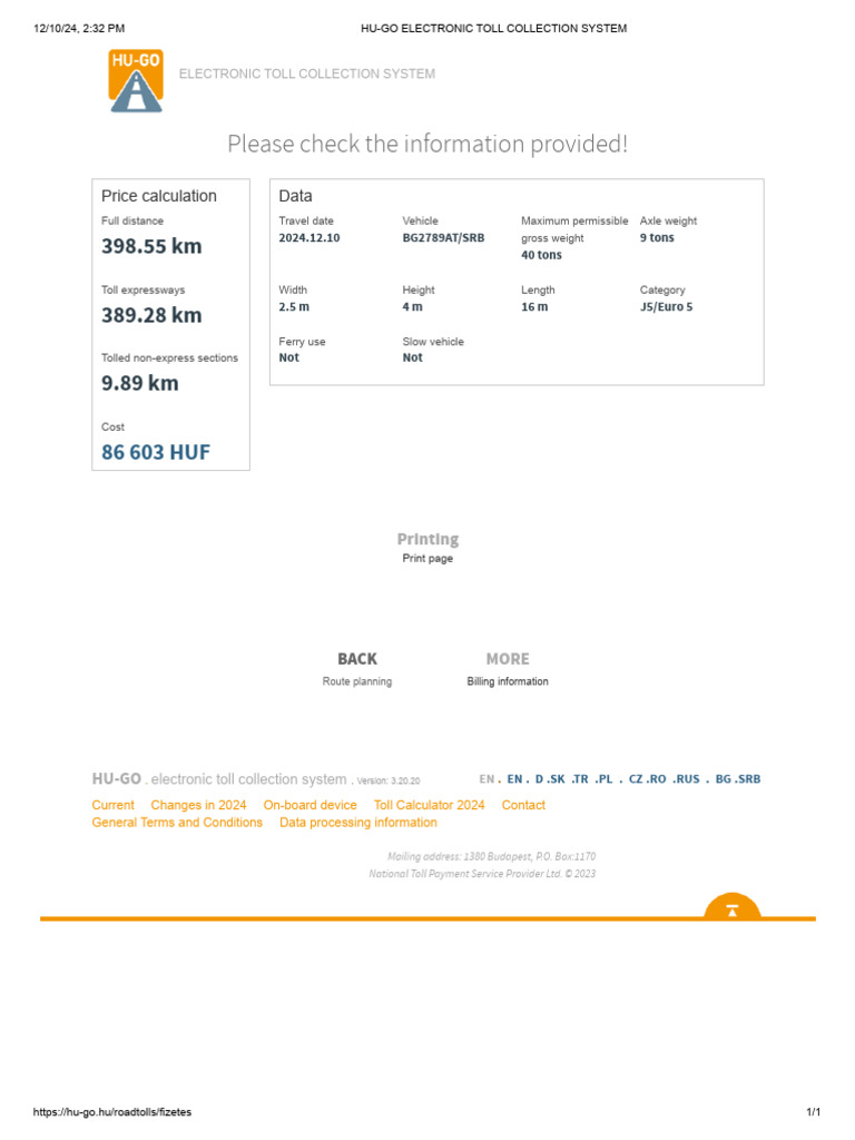 HU-GO Toll Calculation Overview | PDF