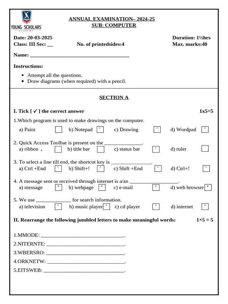 Class III Computer Exam 2024-25 | PDF | Computing | Software